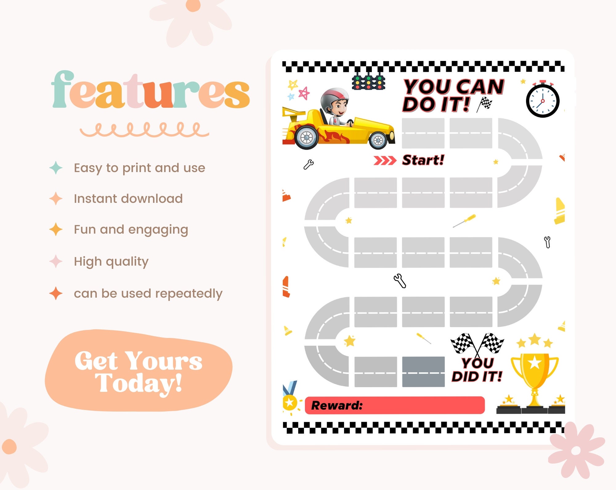 Printable Racing Car Reward Chart Cars Kids Behavior Chart - Etsy