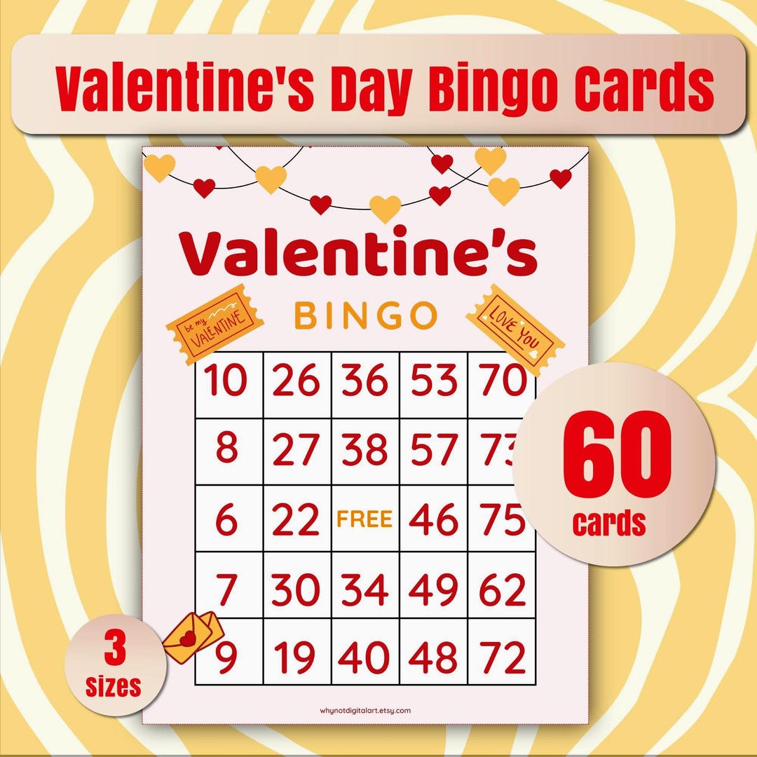 60 Bingo Cards Printable | Valentine’s Retro| Groovy Day Bingo| Kids ...