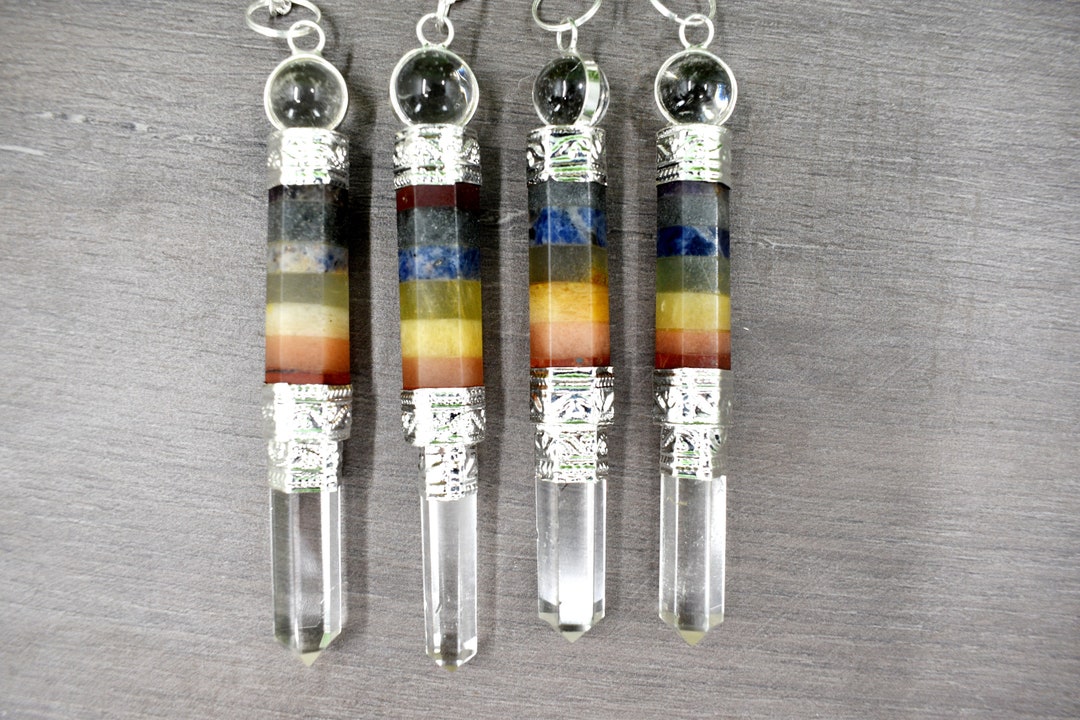 Crystal 7 Chakra Bonded Pendulums-genuine Wands With Quartz Point ...