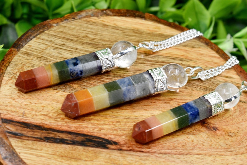 7 Chakra Crystal Bonded Pendulum, Natural Multi Color Gemstones With ...