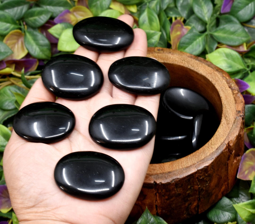 Real Black Obsidian Worry Stones, 25 Pcs Natural Polished Oval Palm ...