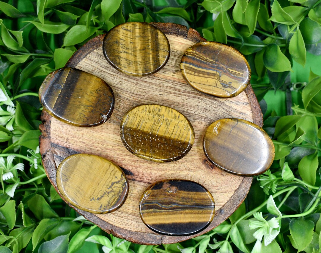 Natural Tiger Eye Flat Stones, Natural Polished Oval Shaped Pocket Palm ...