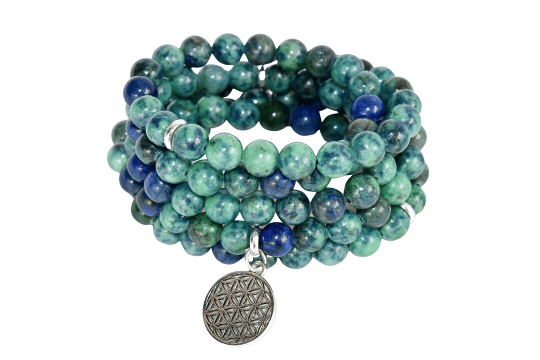 Azurite Malachite Beads Mala Bracelet, 108 Prayer Bead Necklace, Mala ...