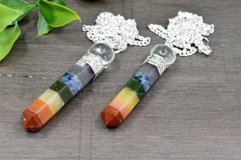 7 Chakra Crystal Bonded Pendulum, Natural Multi Color Gemstones With ...