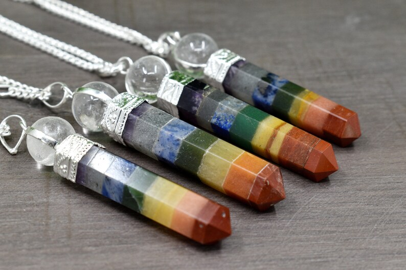 7 Chakra Crystal Bonded Pendulum, Natural Multi Color Gemstones With ...