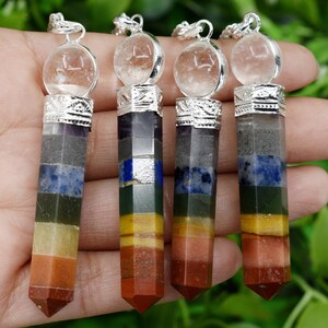 7 Chakra Crystal Bonded Pendulum, Natural Multi Color Gemstones With ...