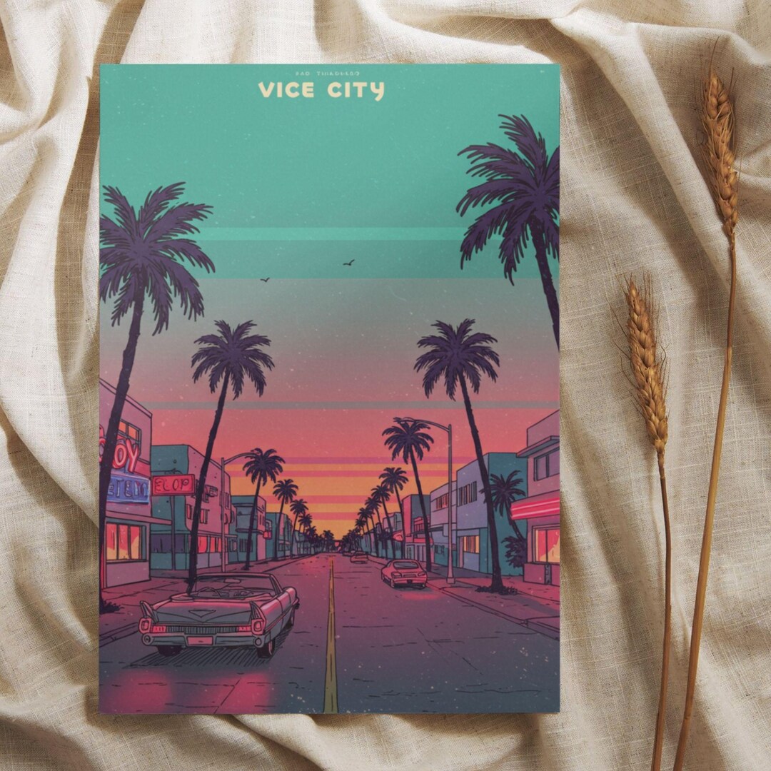 Vice City Vibes Retro Poster – 90s Miami Boulevard Sunset Art – Hand ...