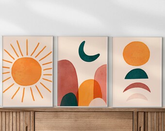 Mid Century Modern Geometric Sun Print Set of 3 Prints - Etsy
