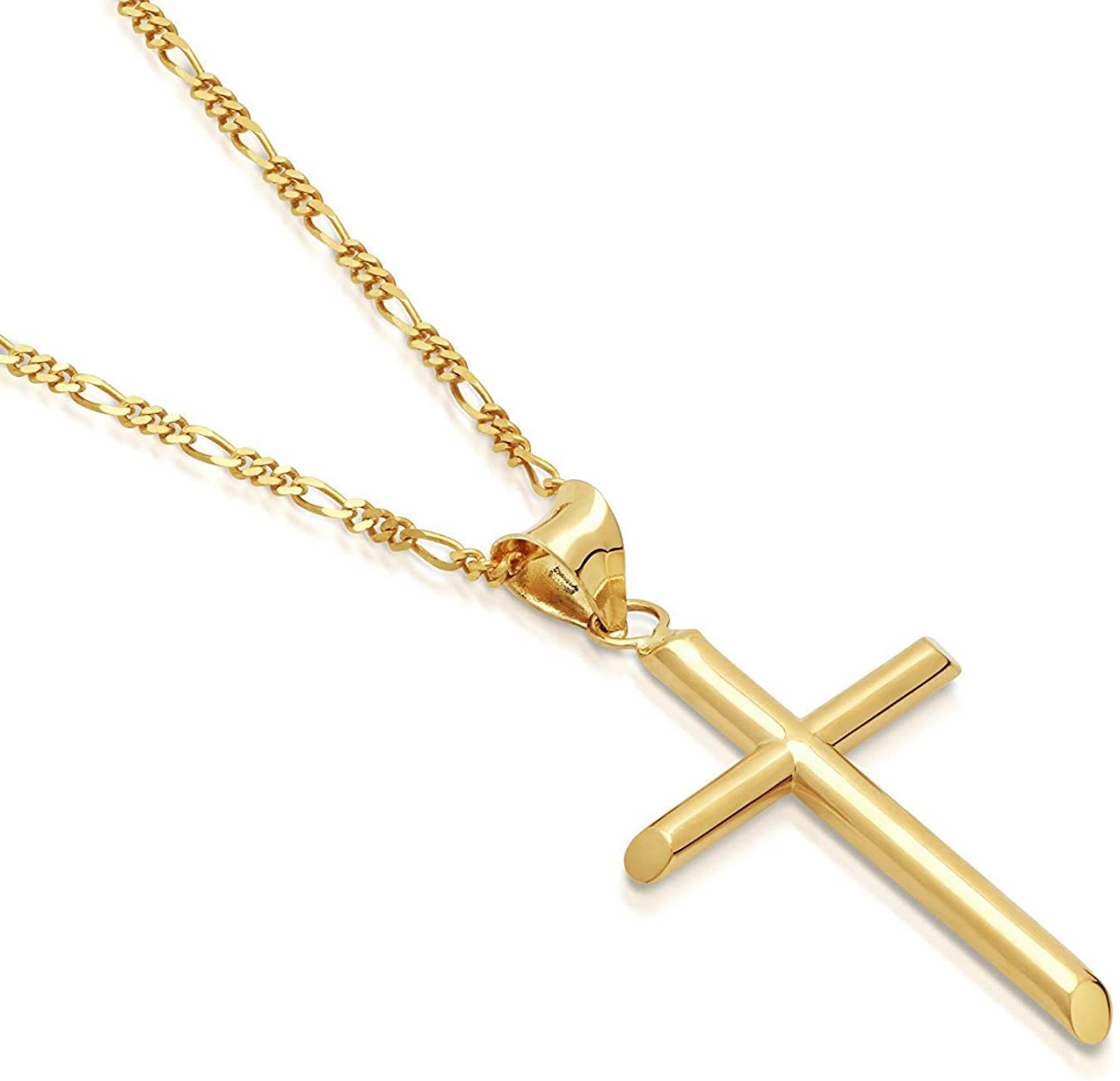 Gold Cross Curb Chain Everyday Necklace 24k Cross Catholic Crucifix ...