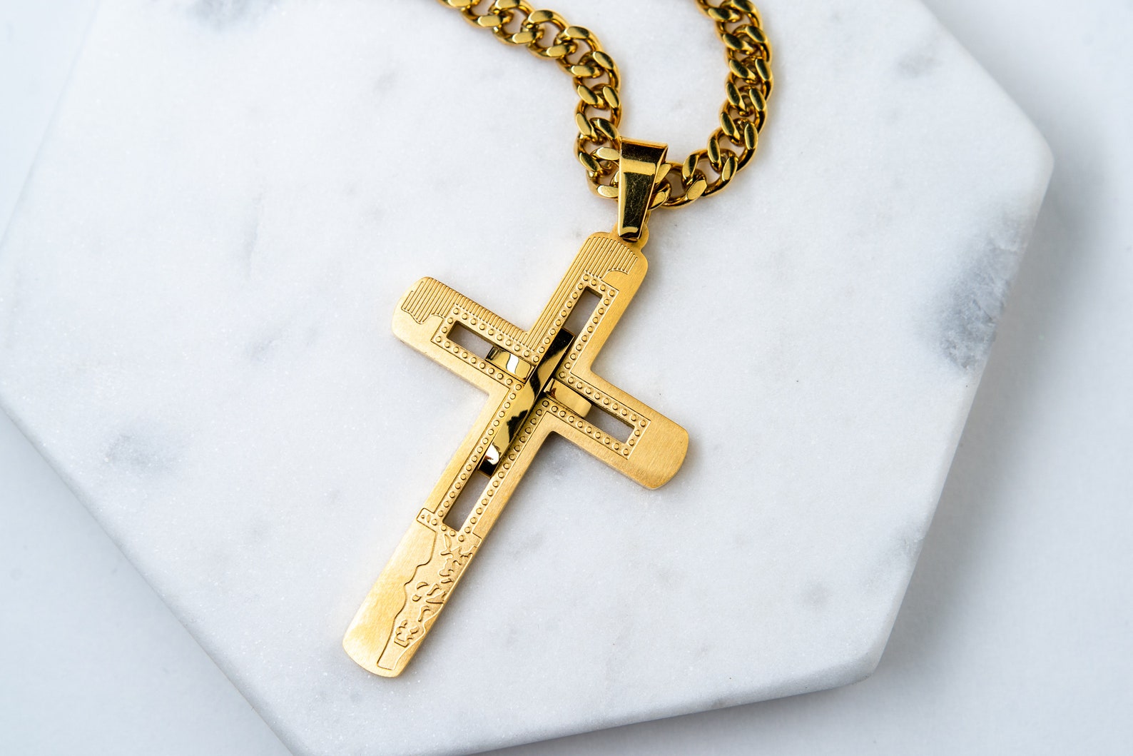 Mens 24k Gold Cross Chain, Gold Cuban Chain Cross Pendant, Mens Cross ...