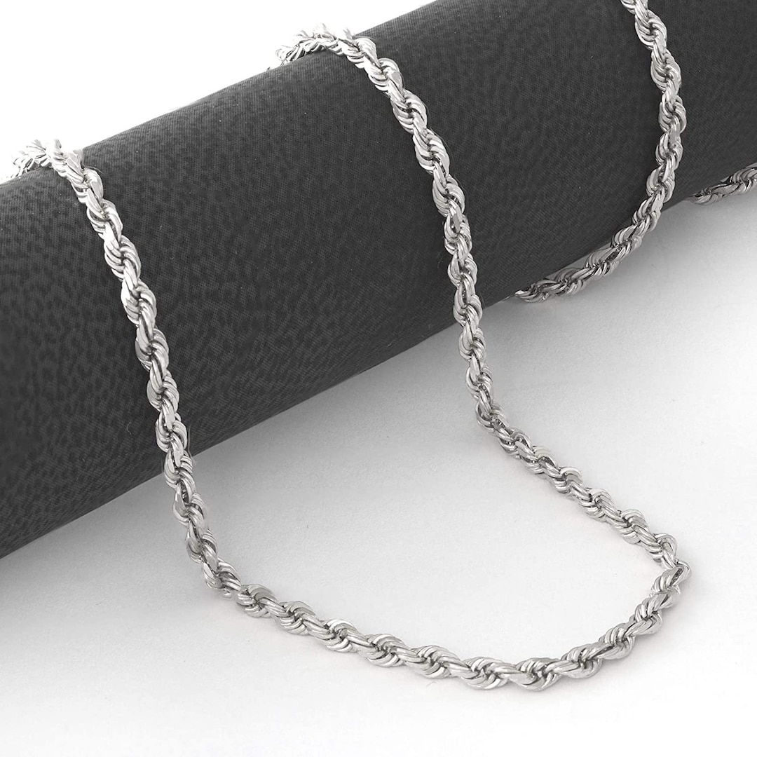 2mm 14k Rope White Gold Chain Necklace for Men and Women Hip Hop Miami ...