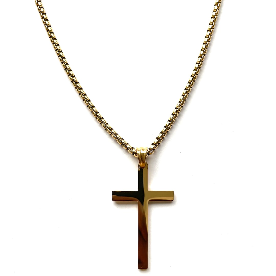 Round Box Chain Cross Necklace, 24k Gold Durable Cross Necklace, Jesus ...