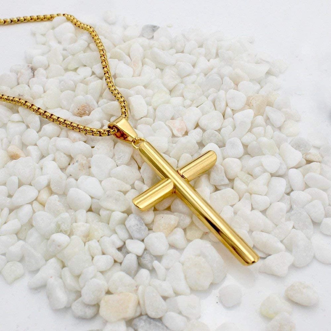 Round Box Chain Cross Necklace, 24k Gold Durable Cross Necklace, Jesus ...