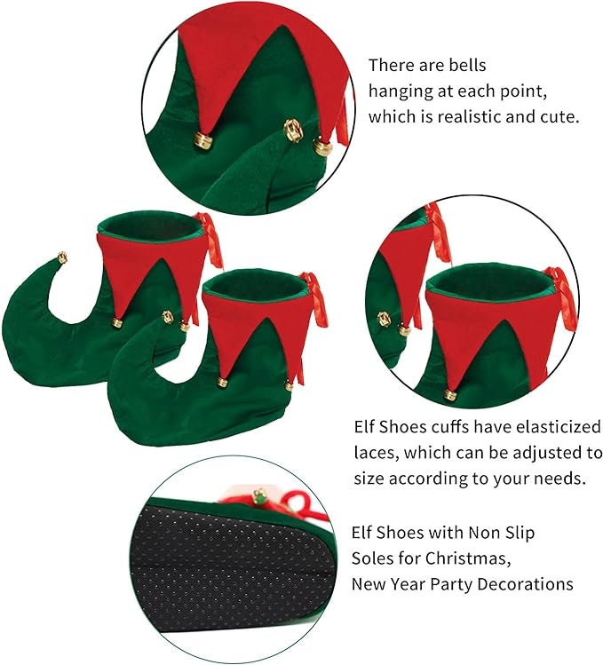 Adults Deluxe Unisex Christmas Elf Shoes With Bells Elf Green Red ...