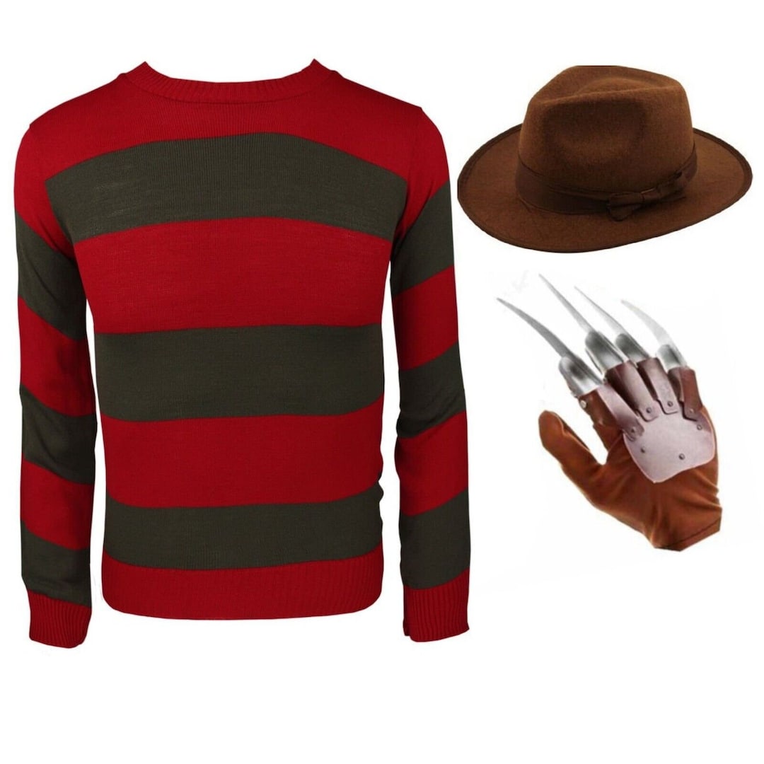 Freddy Krueger Burent Man Costume Hand Claw Hat & Stripped Jumper Fancy ...