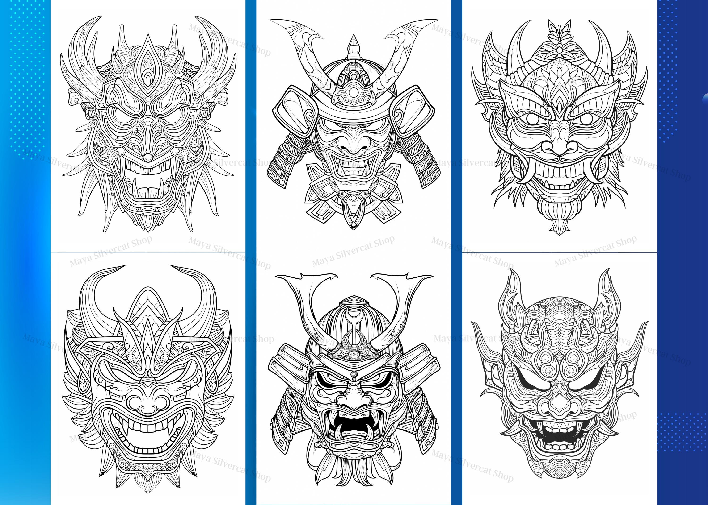 Japanese Demon Masks, Oni Samurai, Coloring Pages for Adults | 42 ...