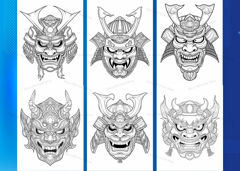 Japanese Demon Masks, Oni Samurai, Coloring Pages for Adults / 42 ...