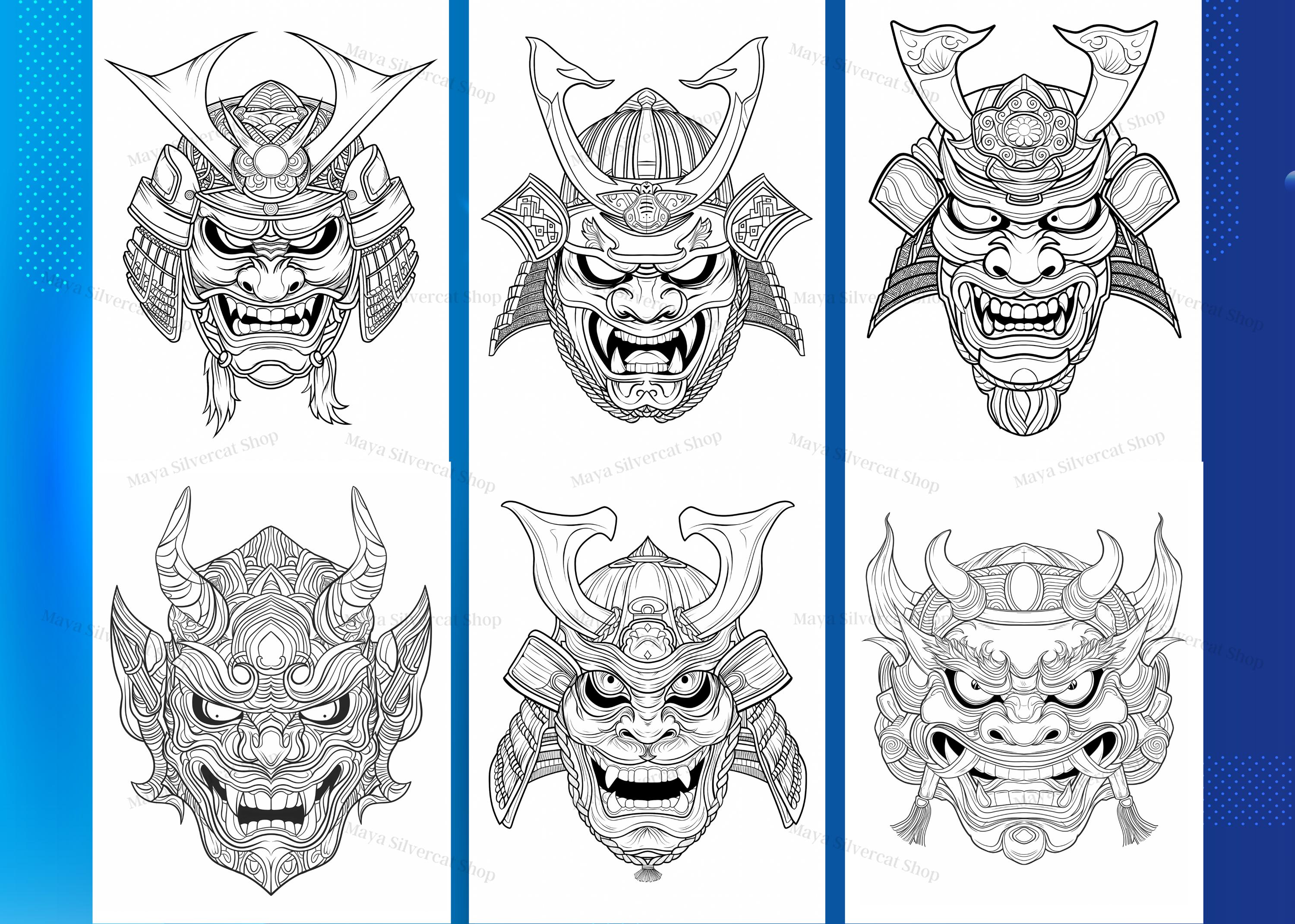 Japanese Demon Masks, Oni Samurai, Coloring Pages for Adults / 42 ...