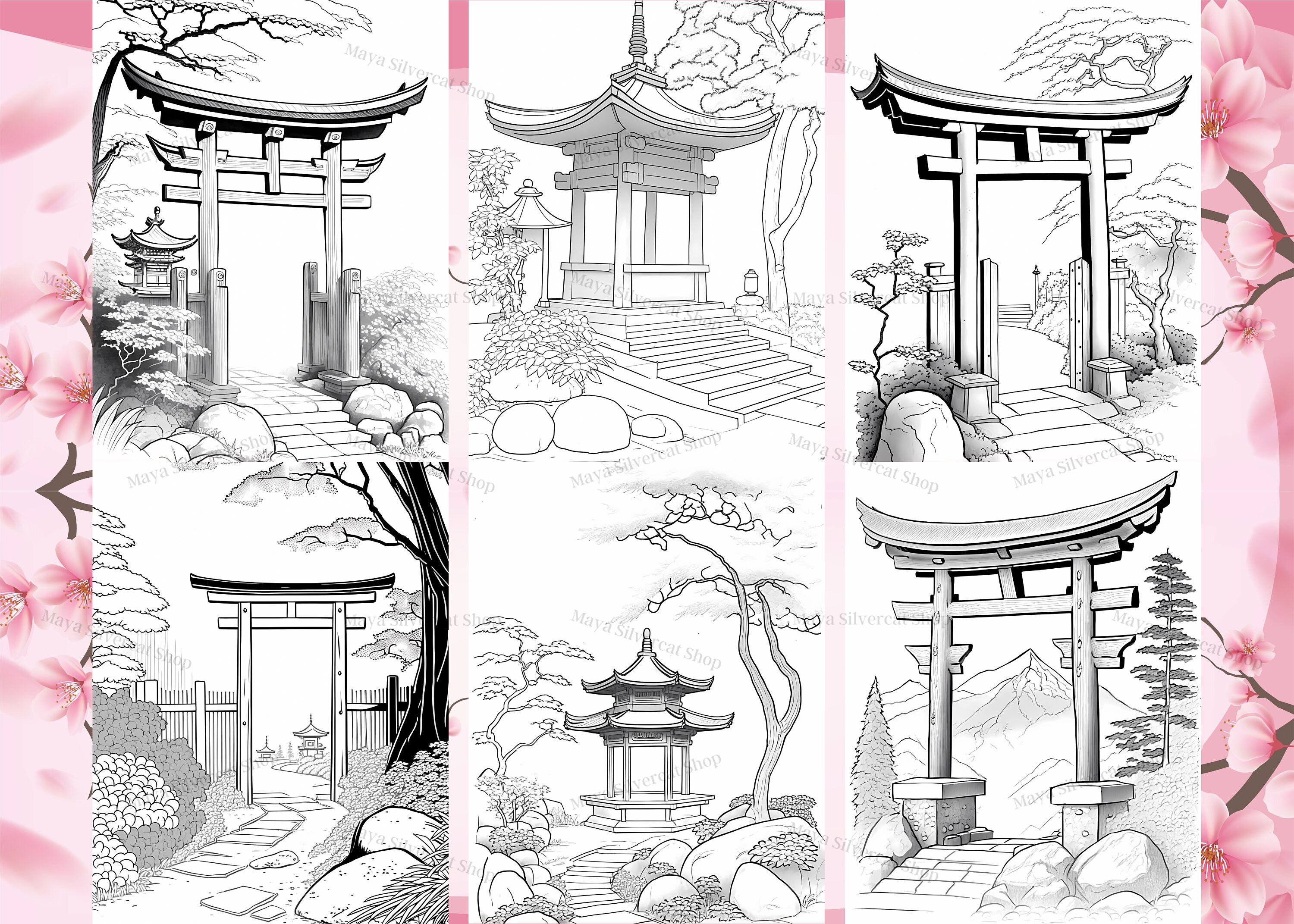 Japanese Gates & Shrines, Coloring Pages for Adults / 25 Printable ...