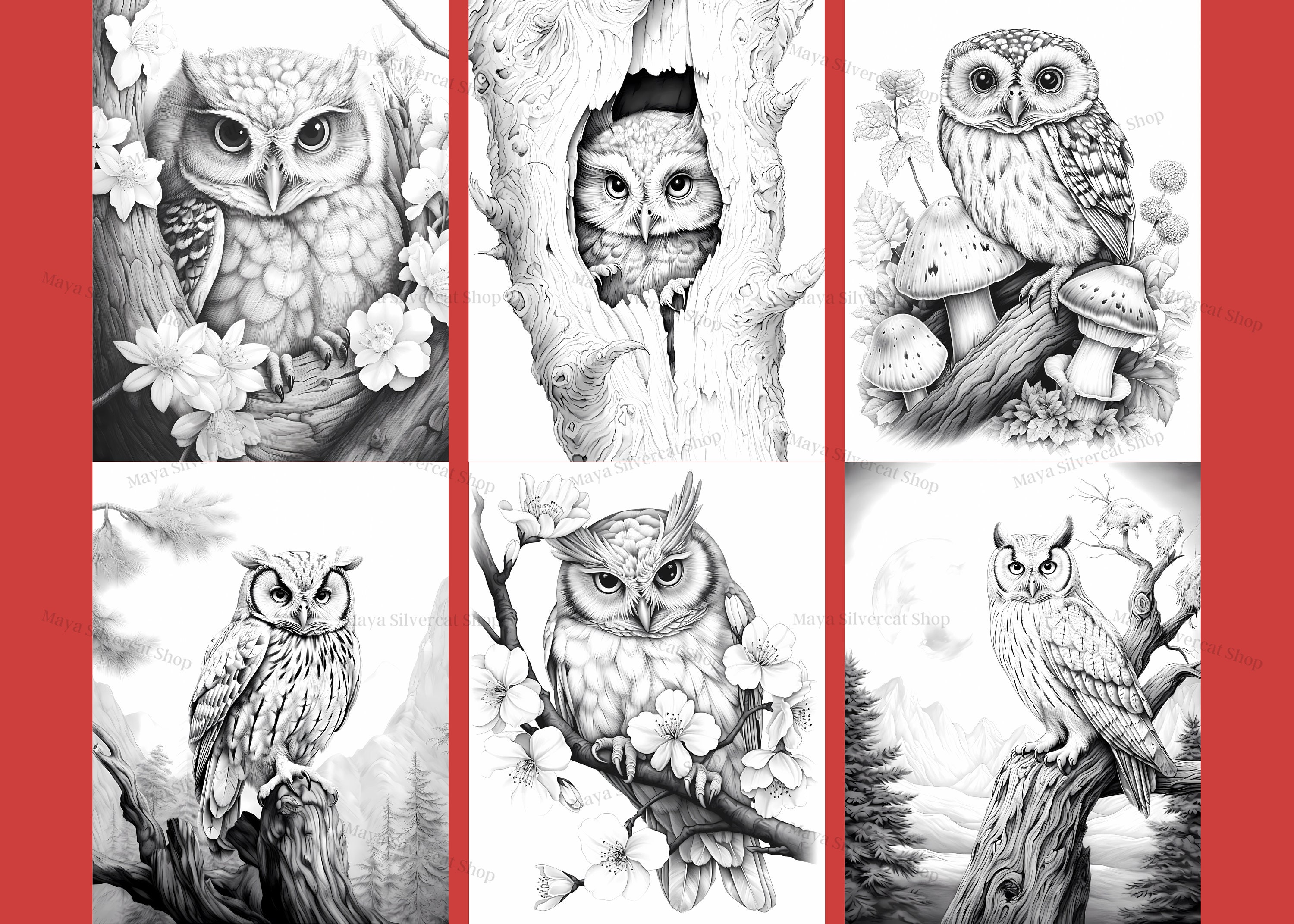 Beautiful Owls, Grayscale Coloring Pages for Adults / 25 Printable ...