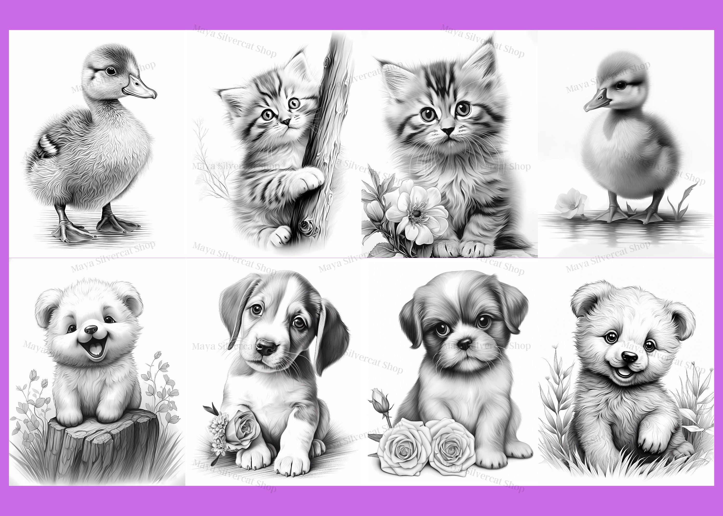 Realistic Baby Animals, Grayscale Coloring Pages for Adults / 53 ...