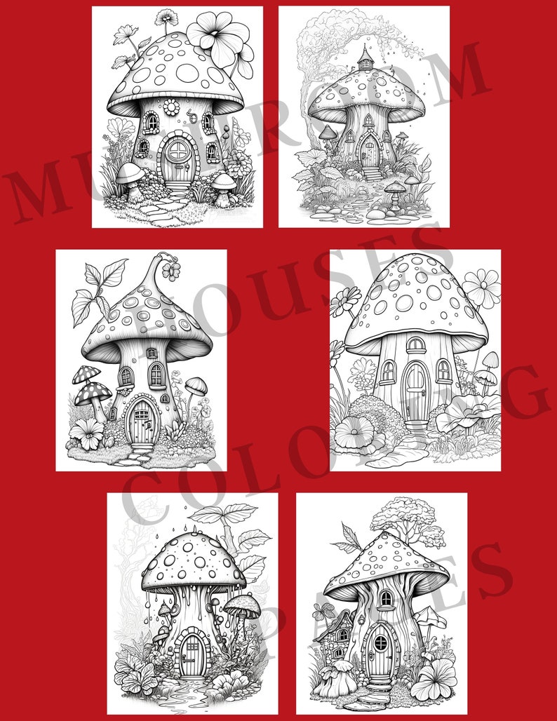 Mushroom Houses Set 1, Grayscale Coloring Pages for Adults / 30 ...