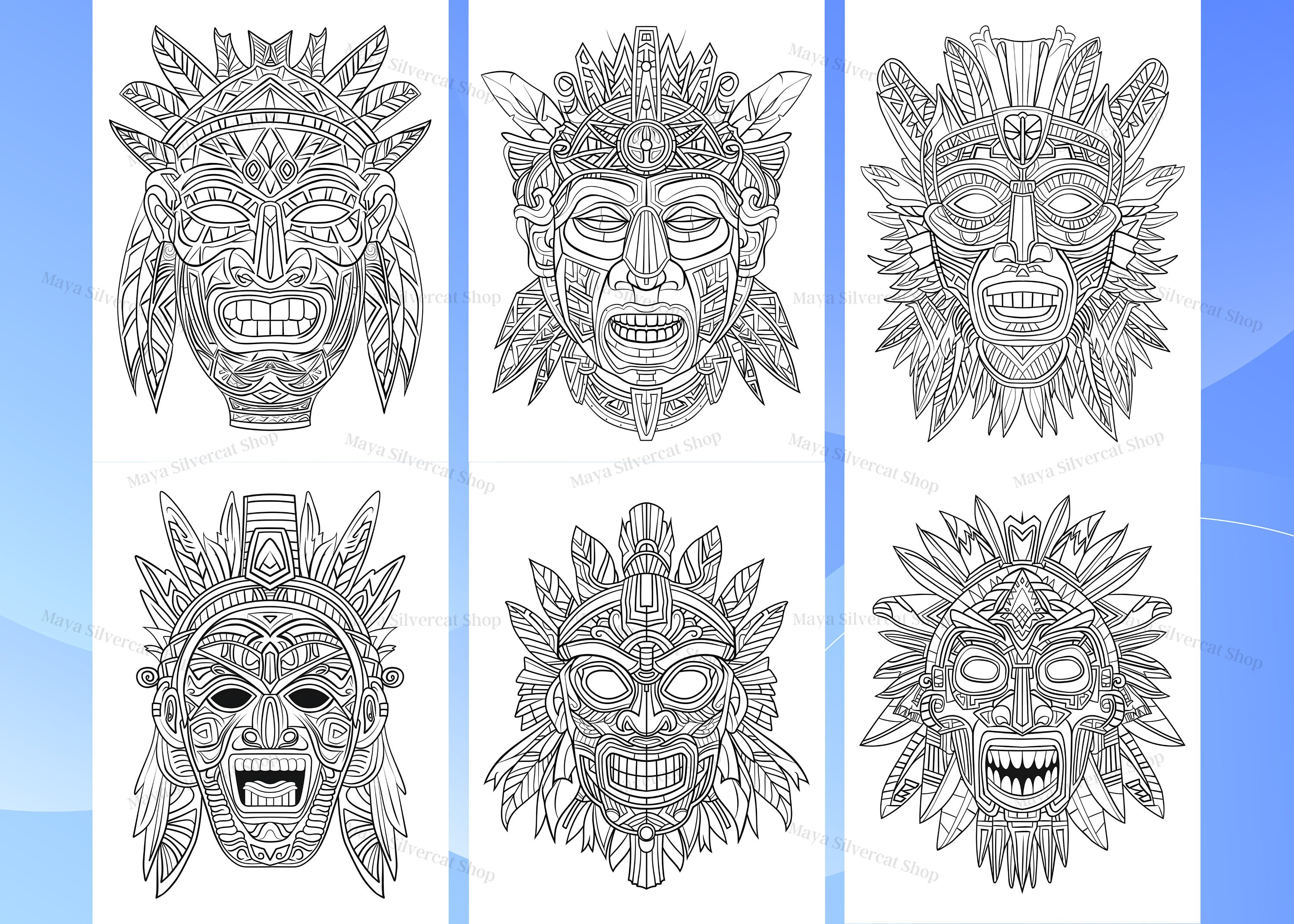 Mayan & Aztec Masks, Coloring Pages for Adults / 48 Printable Pages ...
