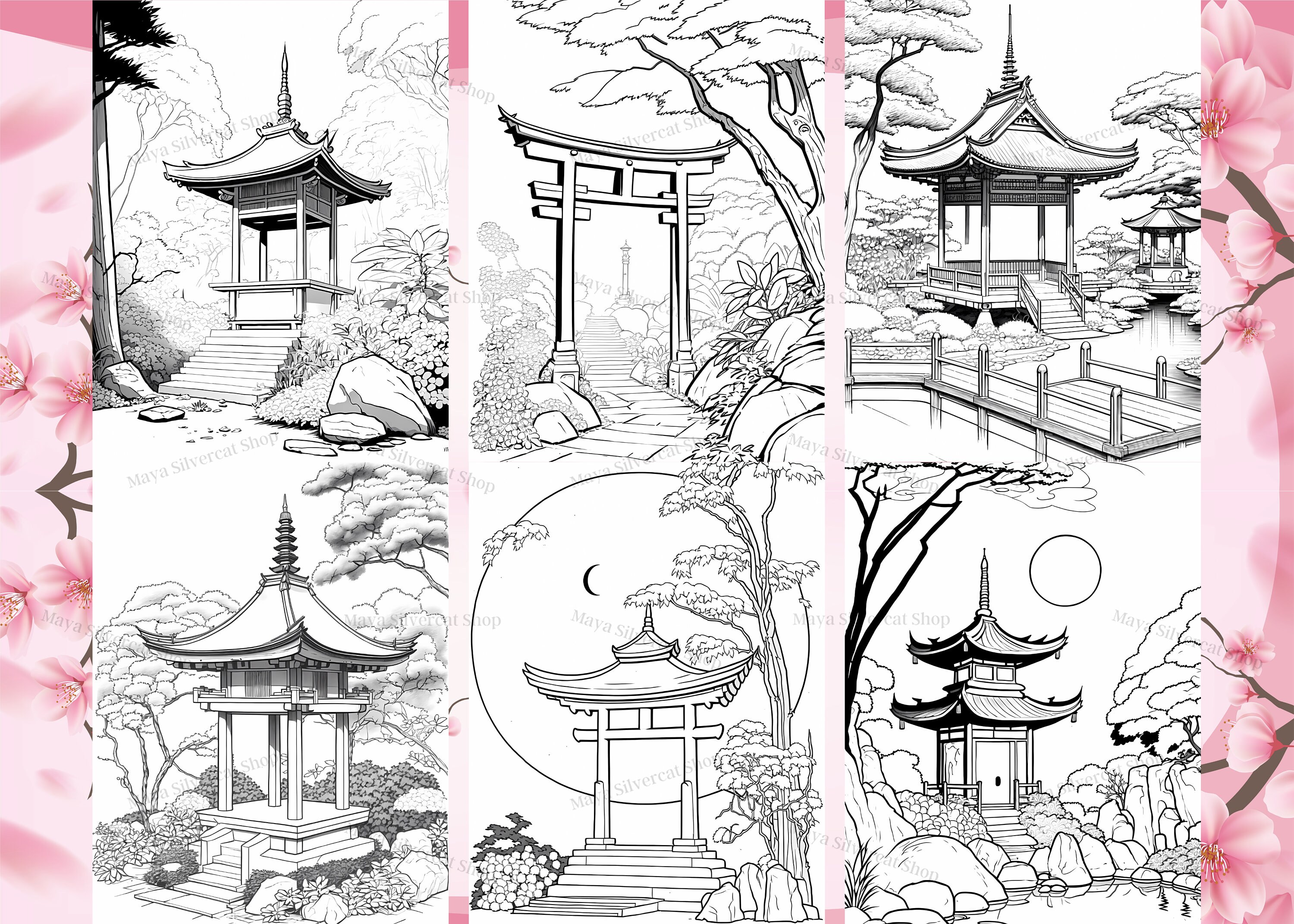 Japanese Gates & Shrines, Coloring Pages for Adults / 25 Printable ...