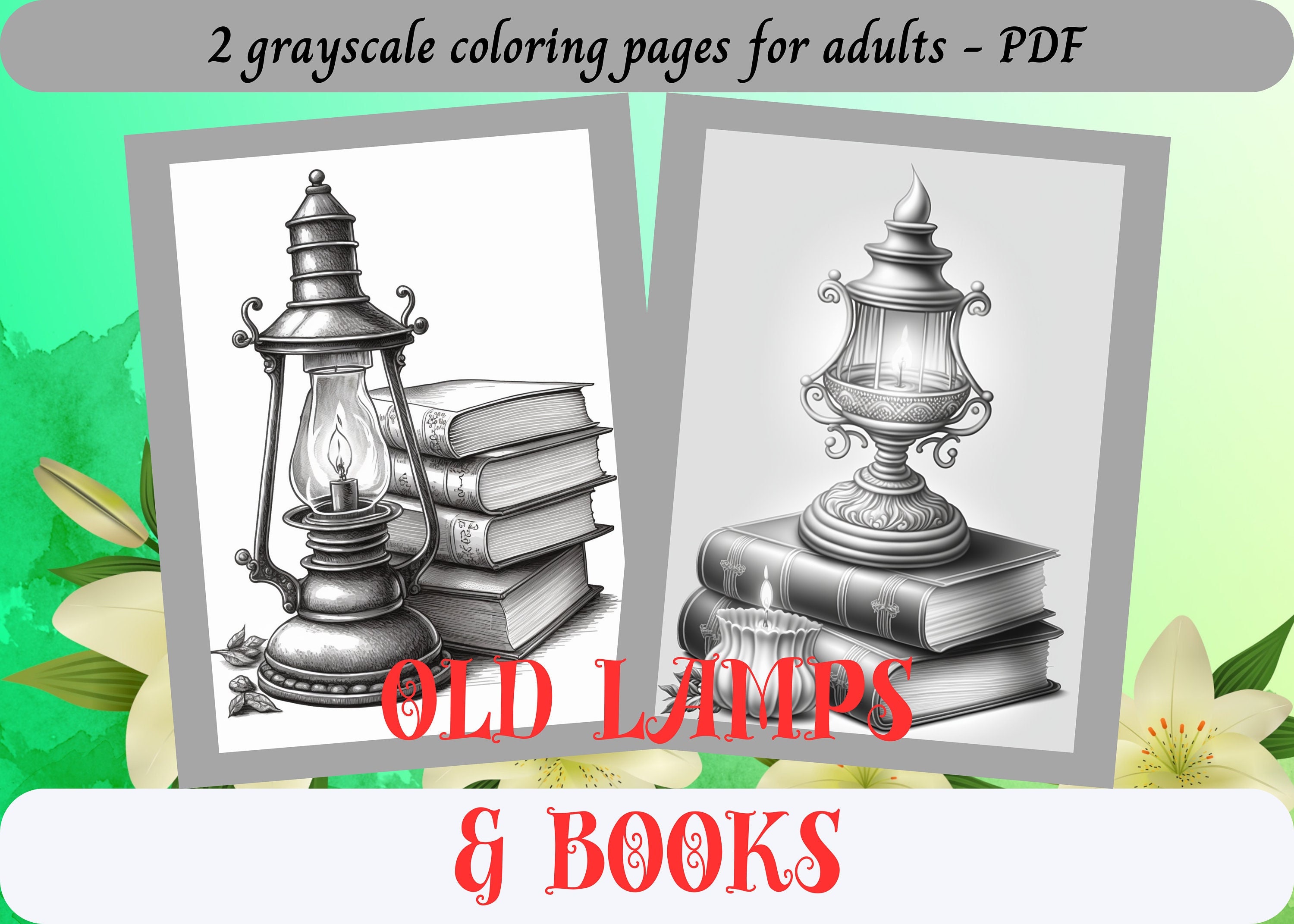 Old Lamps & Books, Grayscale Coloring Pages for Adults / 2 Printable Pages / Instant Download - Etsy