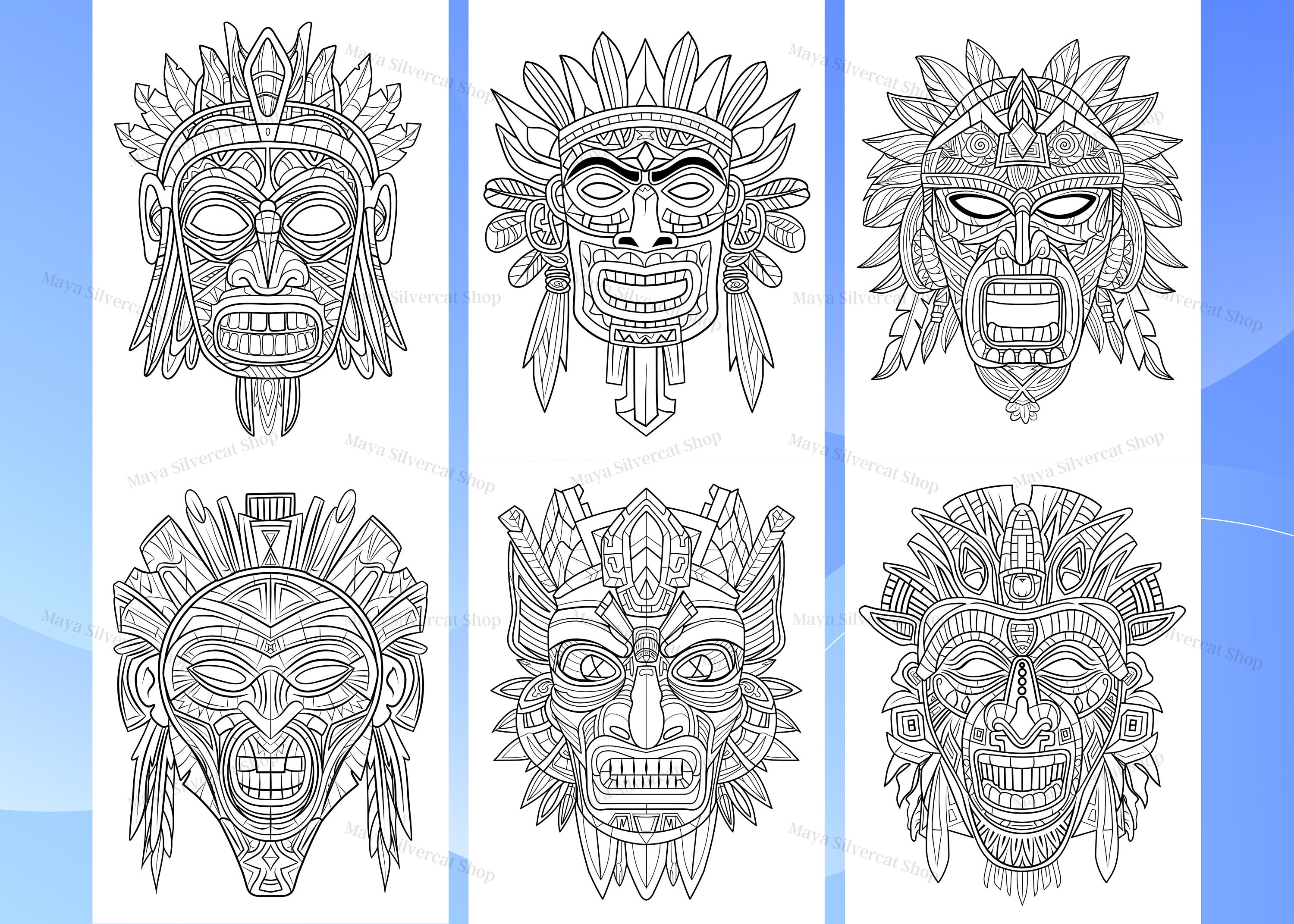 Mayan & Aztec Masks, Coloring Pages for Adults / 48 Printable Pages ...