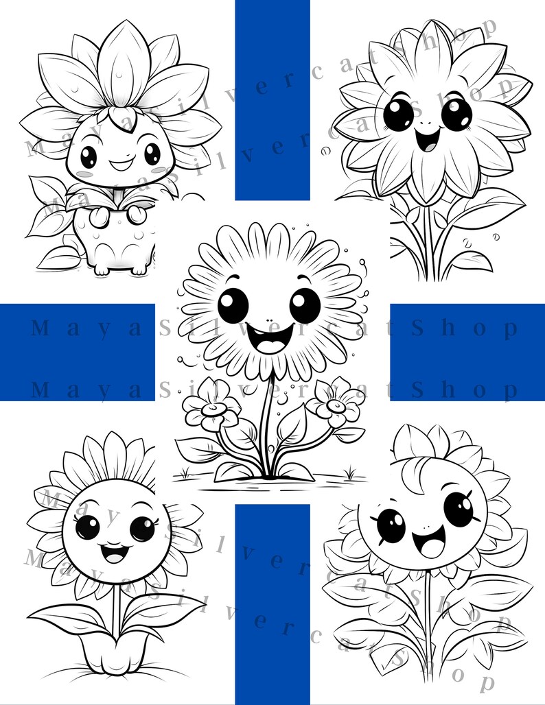 Kawaii Flowers Coloring Pages for Kids / 15 Printable Pages / - Etsy
