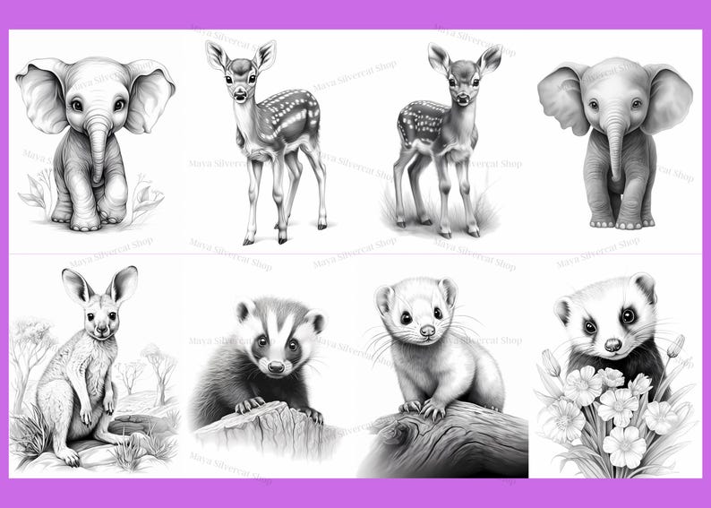 Cute Realistic Baby Animals, Grayscale Coloring Pages for Adults | 53 ...