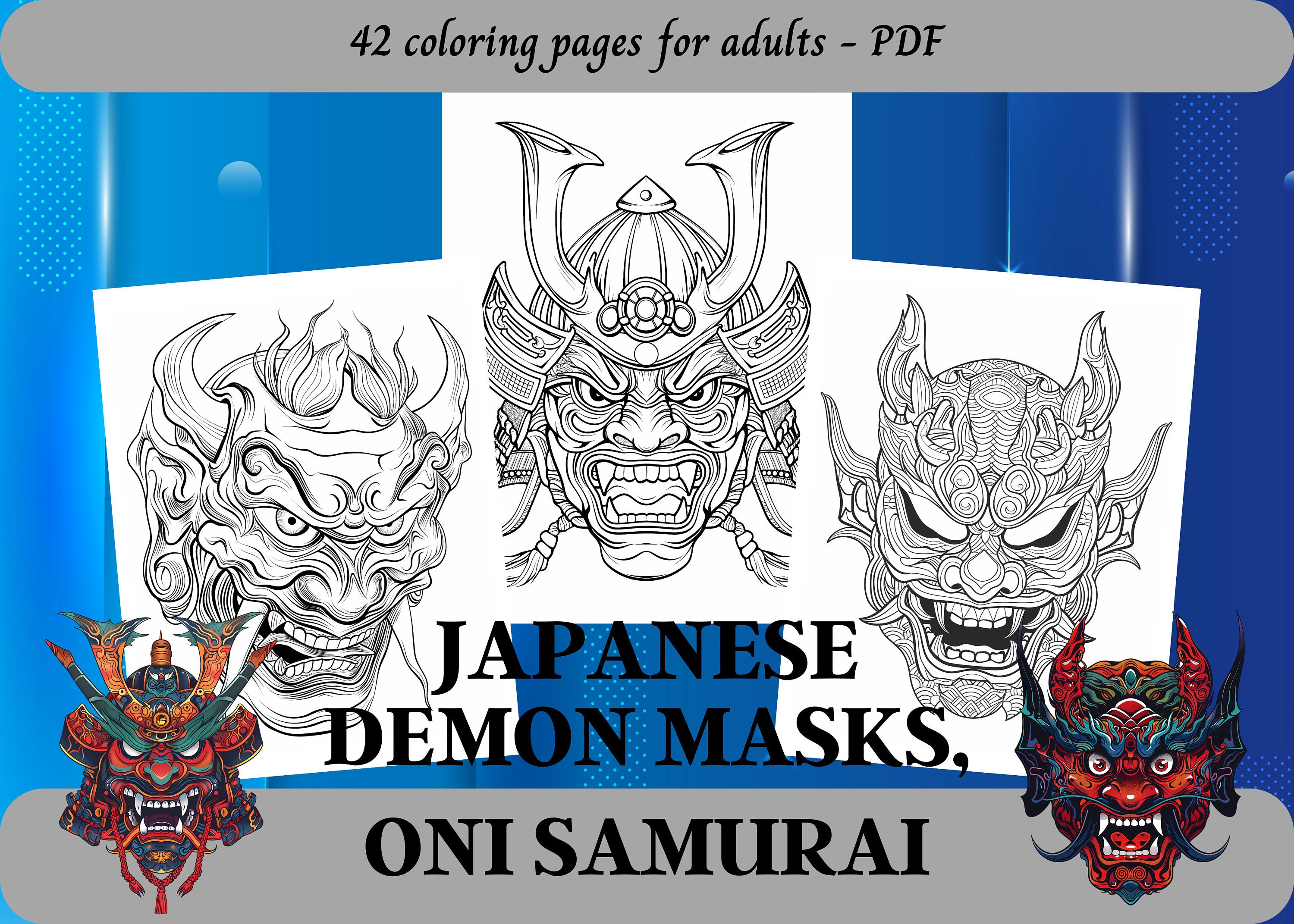 Japanese Demon Masks, Oni Samurai, Coloring Pages for Adults / 42 ...