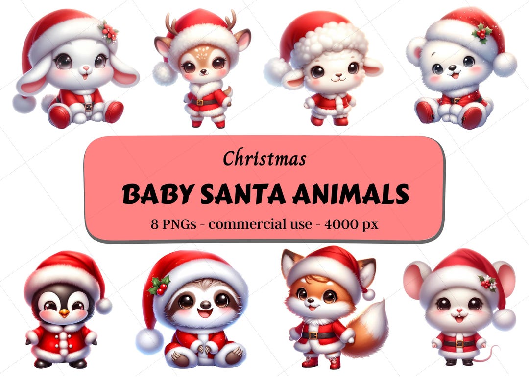 8 Chibi Christmas Animals Clipart, Baby Santa Animals PNG | Instant ...