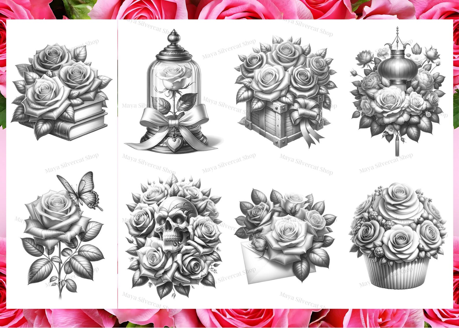 Lovely Roses, Grayscale Coloring Pages for Adults | 40 Printable Pages ...