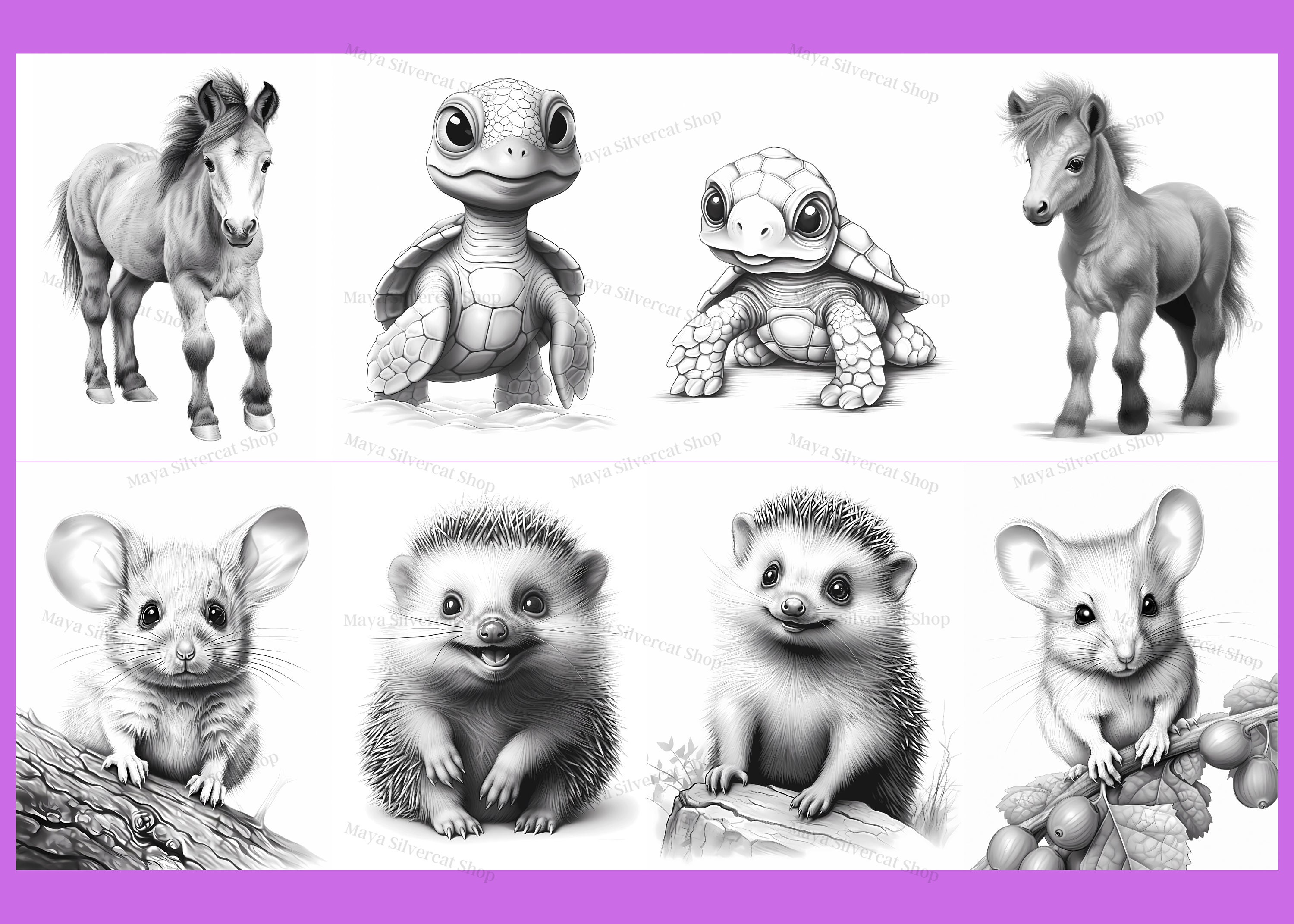 Realistic Baby Animals, Grayscale Coloring Pages for Adults / 53 ...