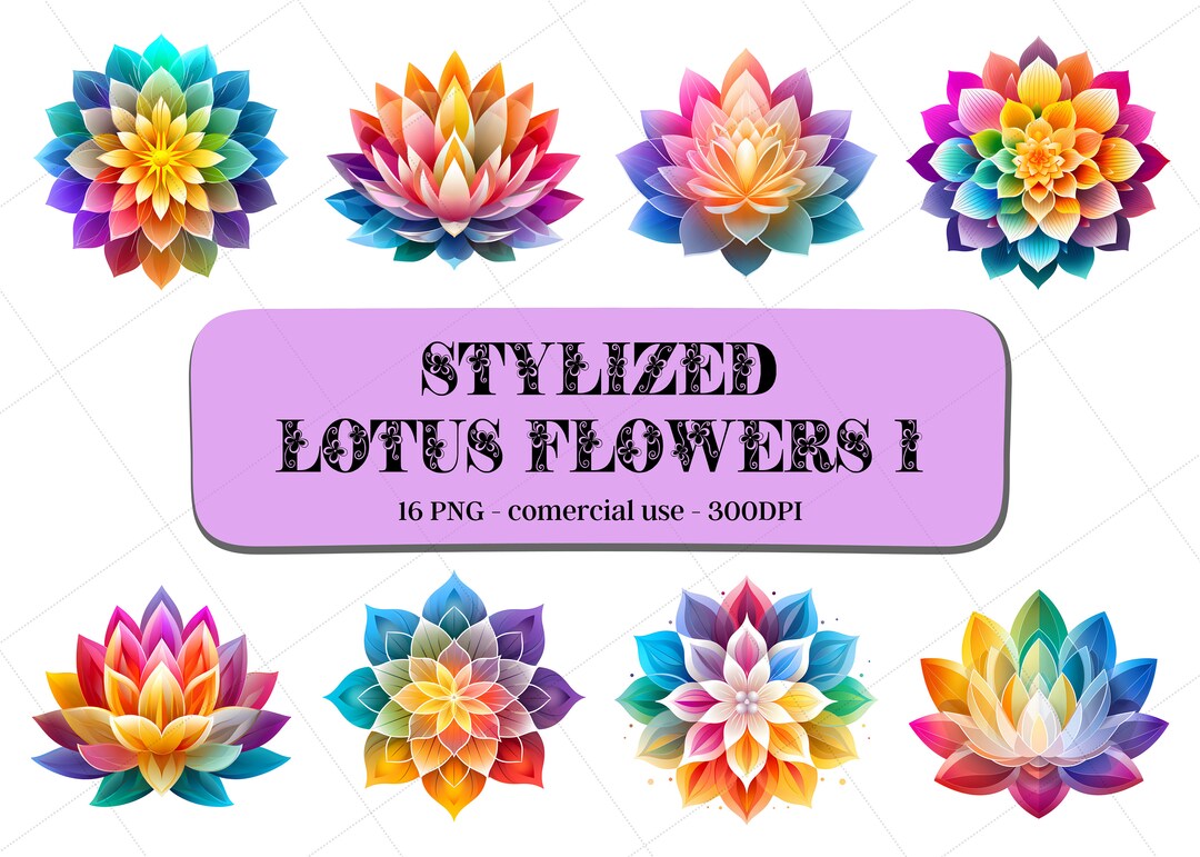 16 Stylized Lotus Flowers Clipart Set1 - Rainbow Colors / Instant ...