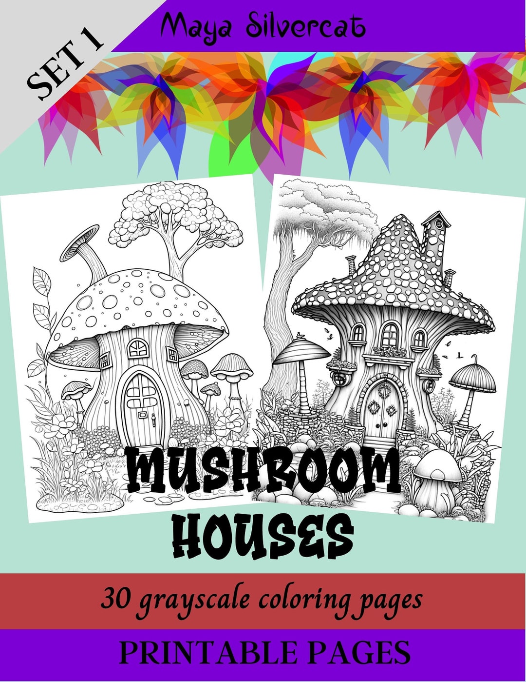 Mushroom Houses Set 1, Grayscale Coloring Pages for Adults / 30 ...