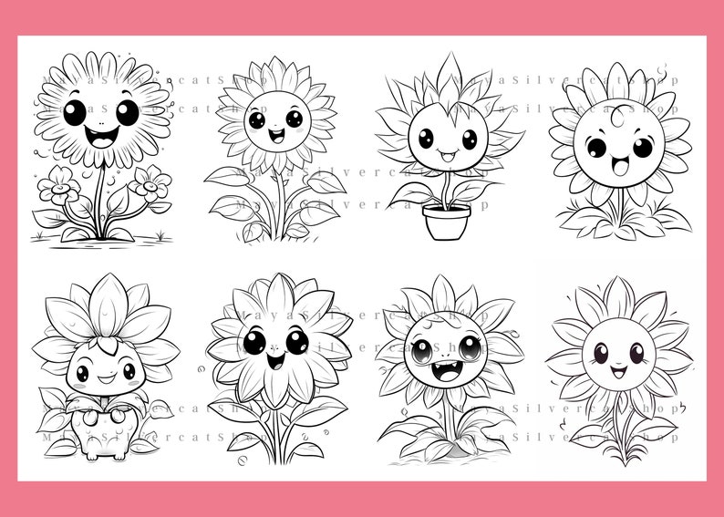 Kawaii Flowers, Coloring Pages for Kids | 15 Printable Pages | Instant ...