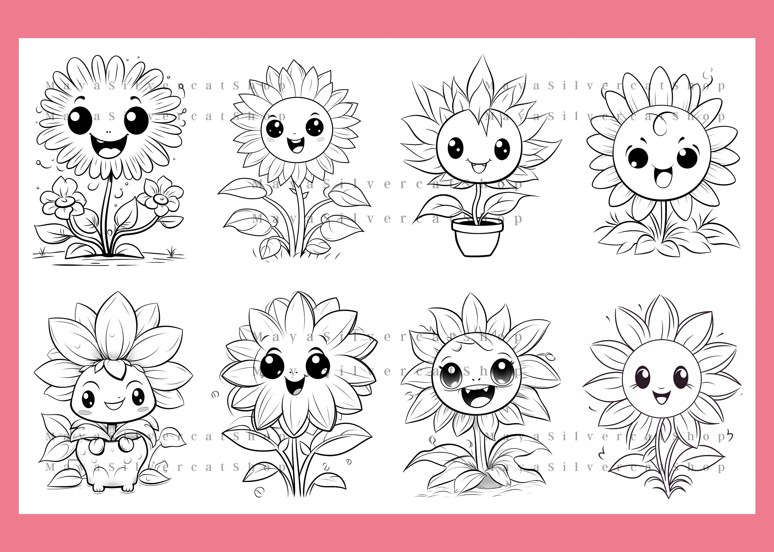 Kawaii Flowers, Coloring Pages for Kids / 15 Printable Pages / Instant ...