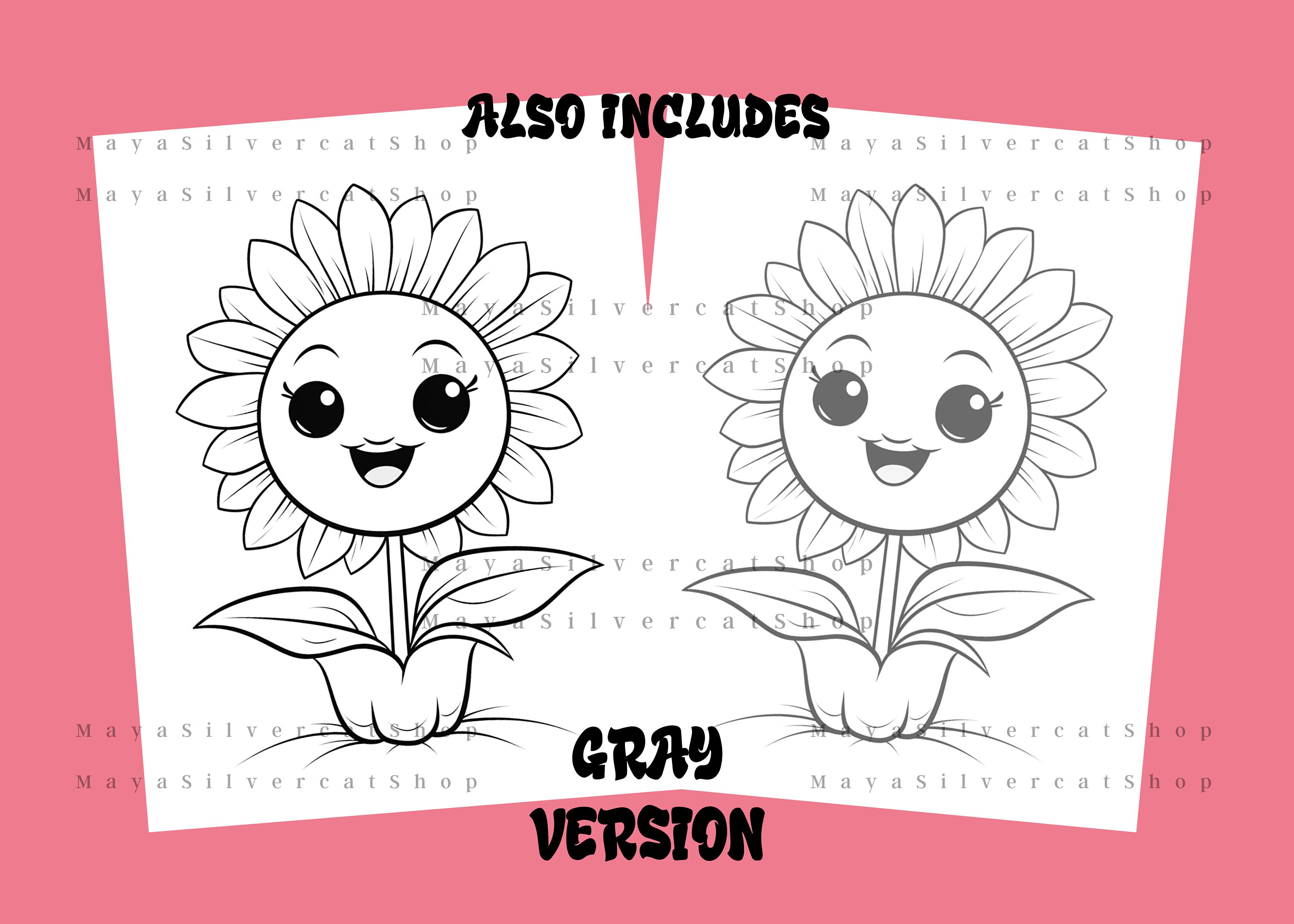 Kawaii Flowers, Coloring Pages for Kids | 15 Printable Pages | Instant ...