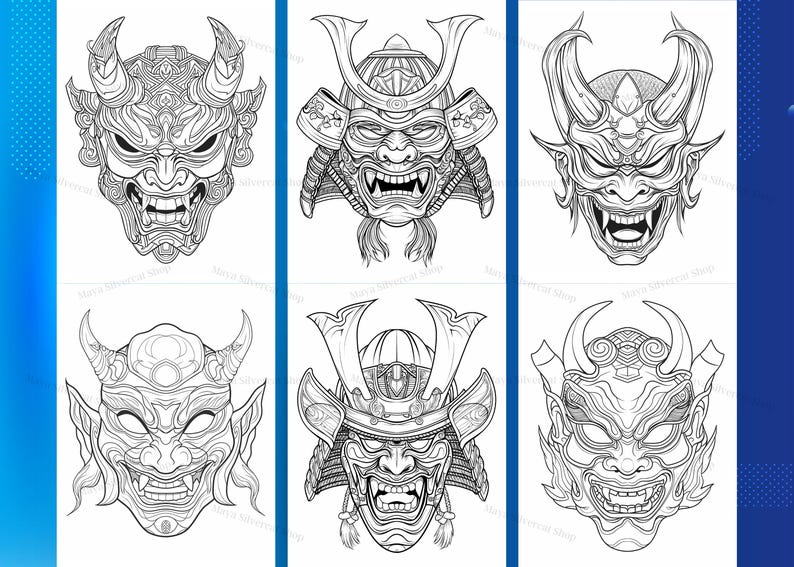 Japanese Demon Masks, Oni Samurai, Coloring Pages for Adults | 42 ...