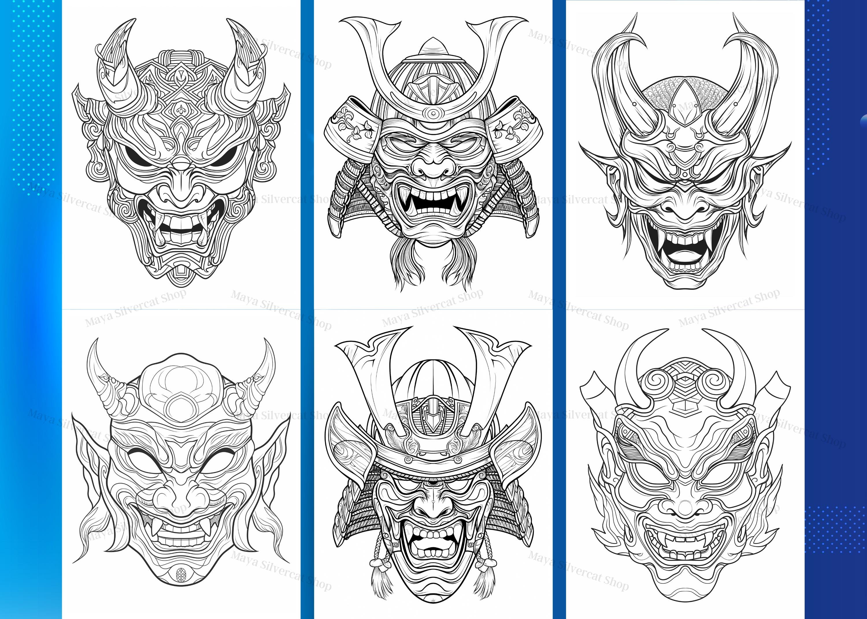 Japanese Demon Masks, Oni Samurai, Coloring Pages for Adults / 42 ...