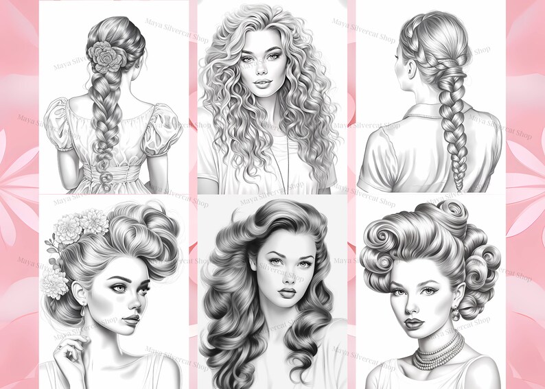 Hair Styles, Braided Hair, Grayscale Coloring Pages for Adults / 29 Printable Pages / Instant ...