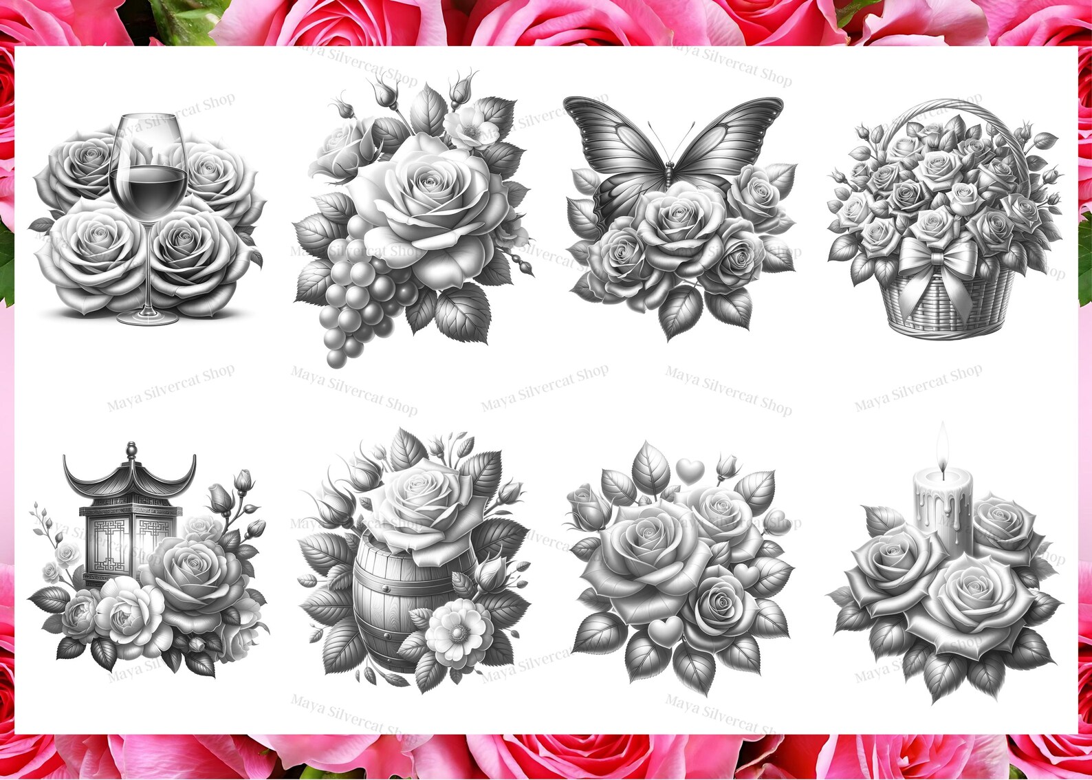 Lovely Roses, Grayscale Coloring Pages for Adults | 40 Printable Pages ...
