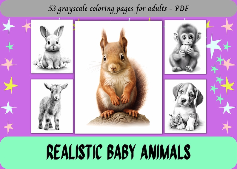 Cute Realistic Baby Animals, Grayscale Coloring Pages for Adults | 53 ...