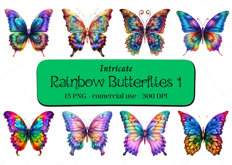 15 Intricate Rainbow Butterflies Clipart Set1 | Instant Download ...