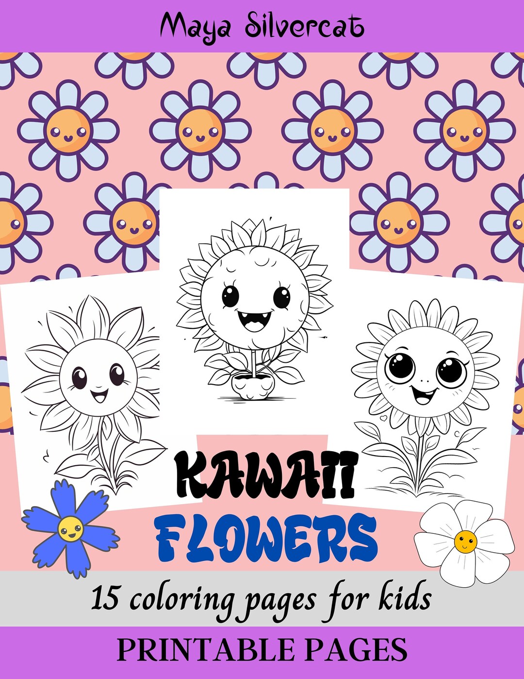 Kawaii Flowers Coloring Pages for Kids / 15 Printable Pages / - Etsy