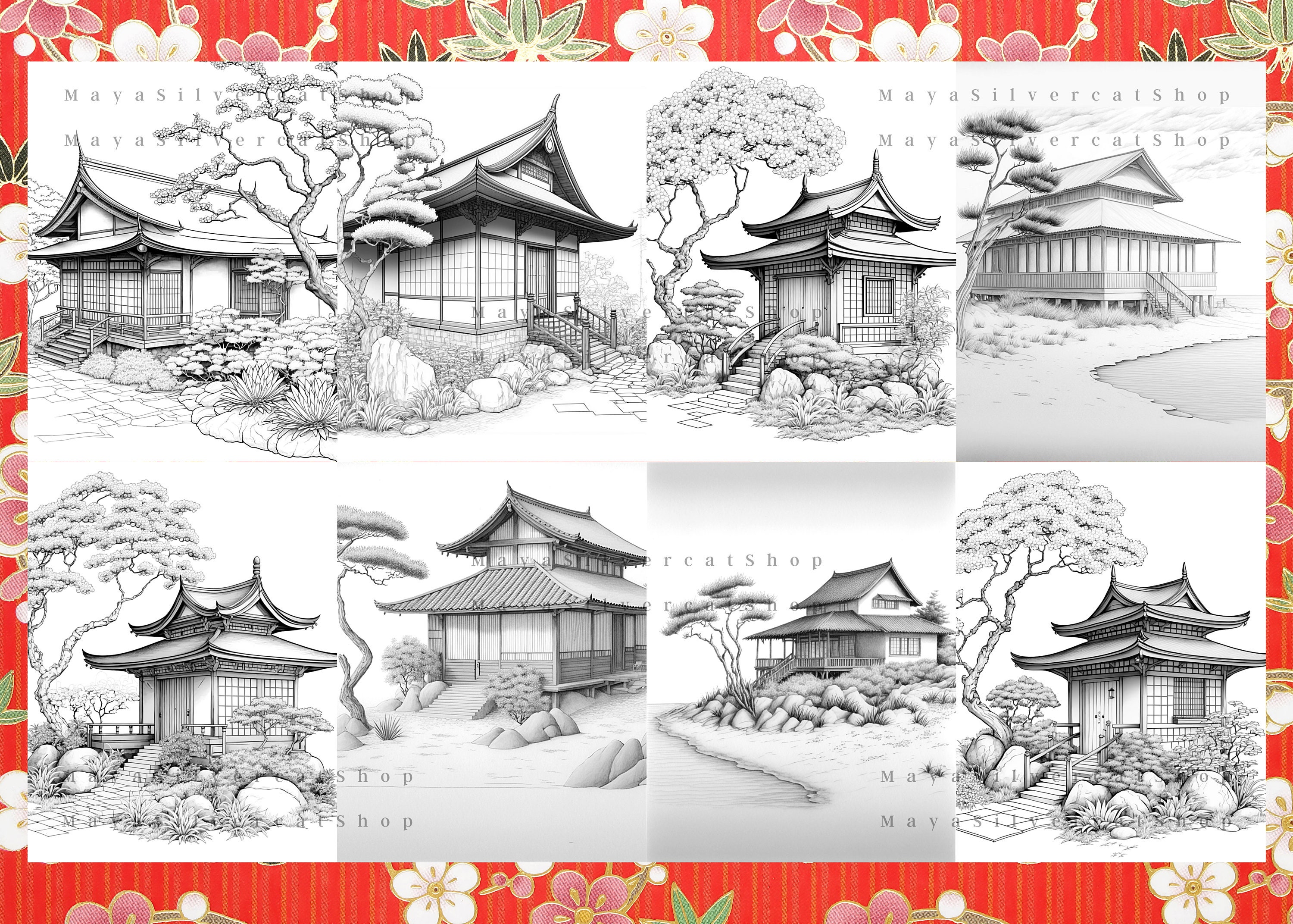 Japanese Houses, Grayscale Coloring Pages for Adults / 26 Printable ...