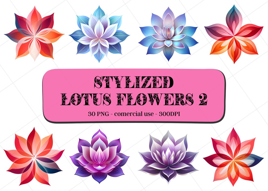 30 Stylized Lotus Flowers Clipart Set2 / Instant Download / Comercial ...